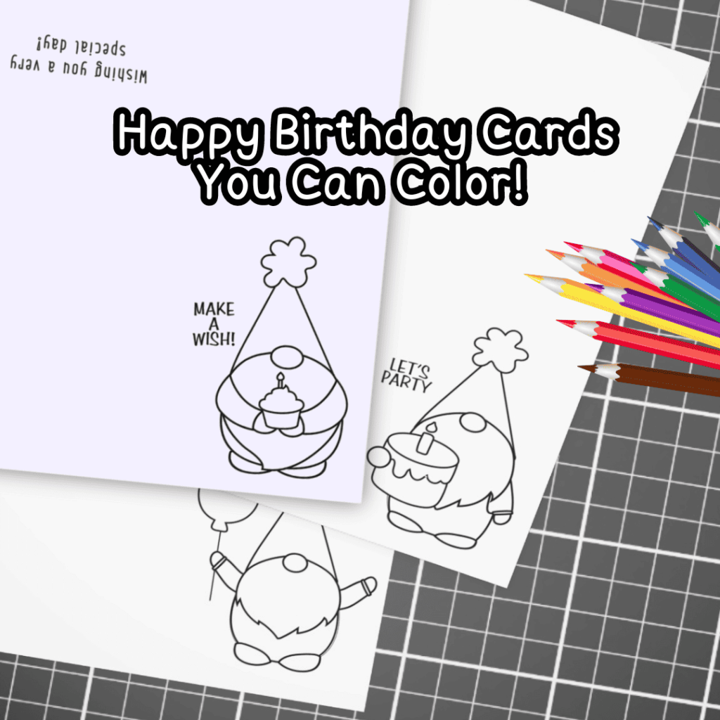 3 Printable Gnome Birthday Cards to color